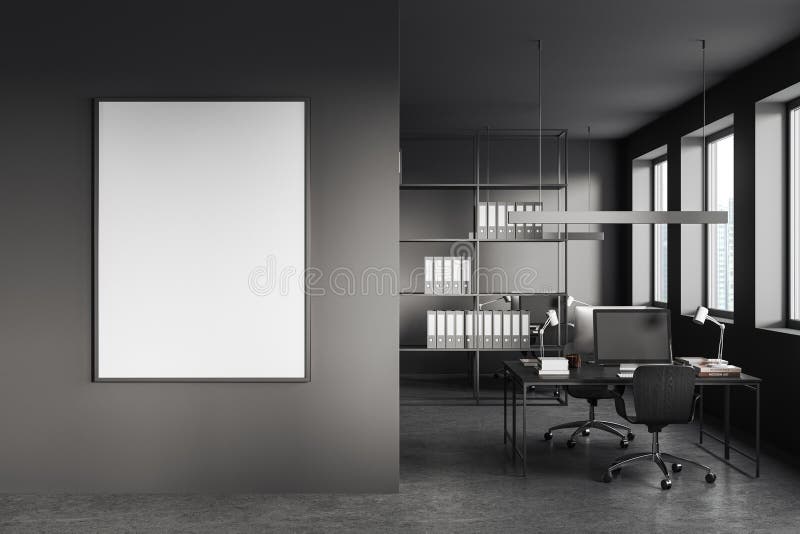 Grey Business Interior with Pc Computers and Panoramic Window. Mockup ...