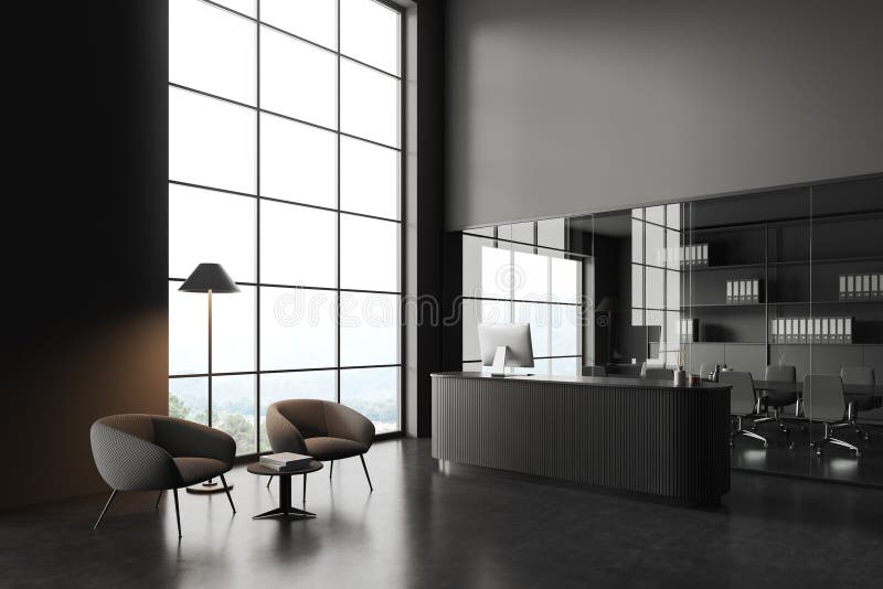 Grey Business Interior with Reception and Conference Zone, Panoramic ...