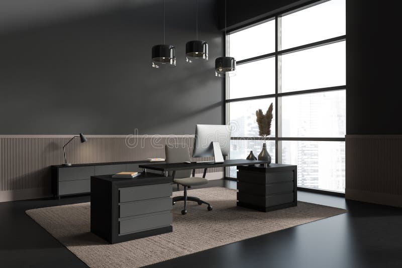 Grey Business Interior with Pc Computer and Panoramic Window. Mockup ...