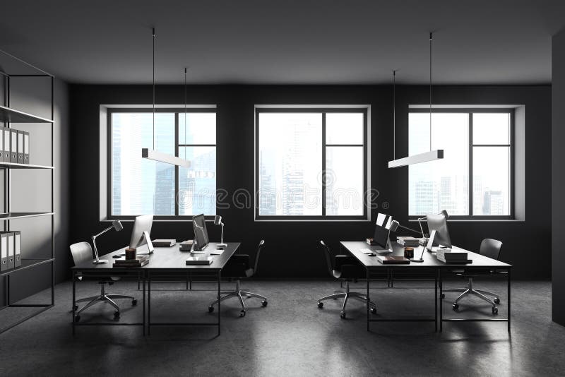Grey Business Interior with Pc Computer and Panoramic Window. Mockup ...