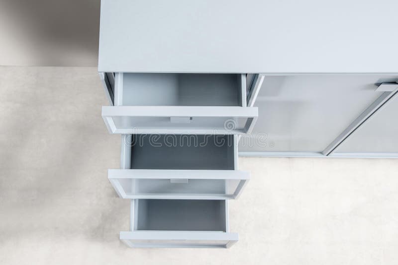 Grey Cabinet with Open Drawers, Elevanted View Stock Image - Image of ...