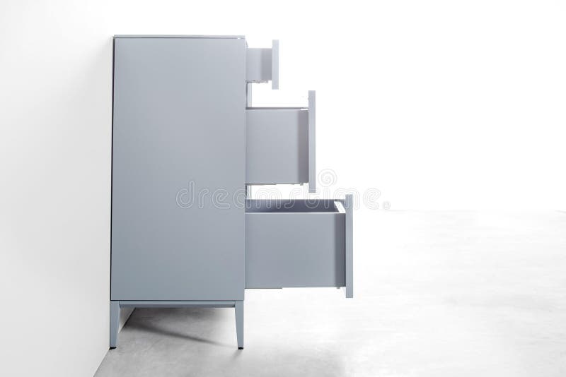 Grey Cabinet with Open Drawers, Side View Stock Image - Image of keeper ...