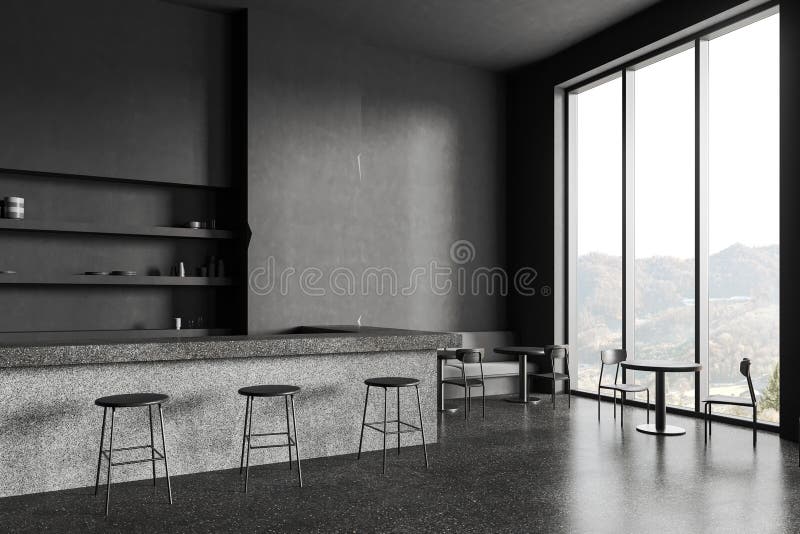 Grey Cafe Interior with Stone Bar Counter and Dining Space Near ...