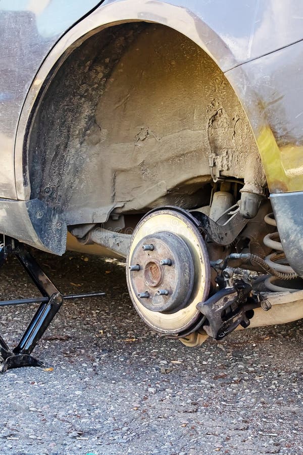 Grey Car without Wheel Close Up, Repairing Stock Photo - Image of wheel ...