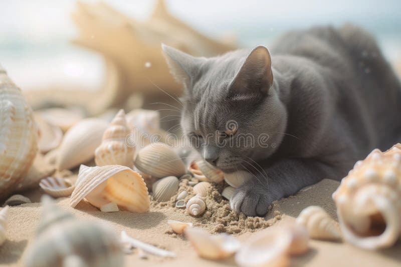Grey Cat Amidst Sea Shells, Digging in the Warm Sand Stock Image ...