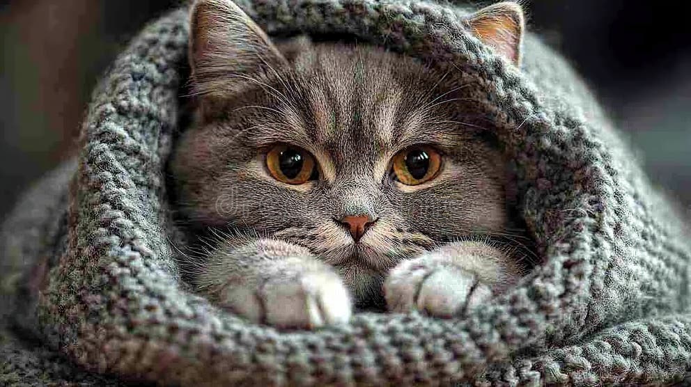 Grey Cat Snuggled in a Cozy Knitted Blanket Stock Illustration ...