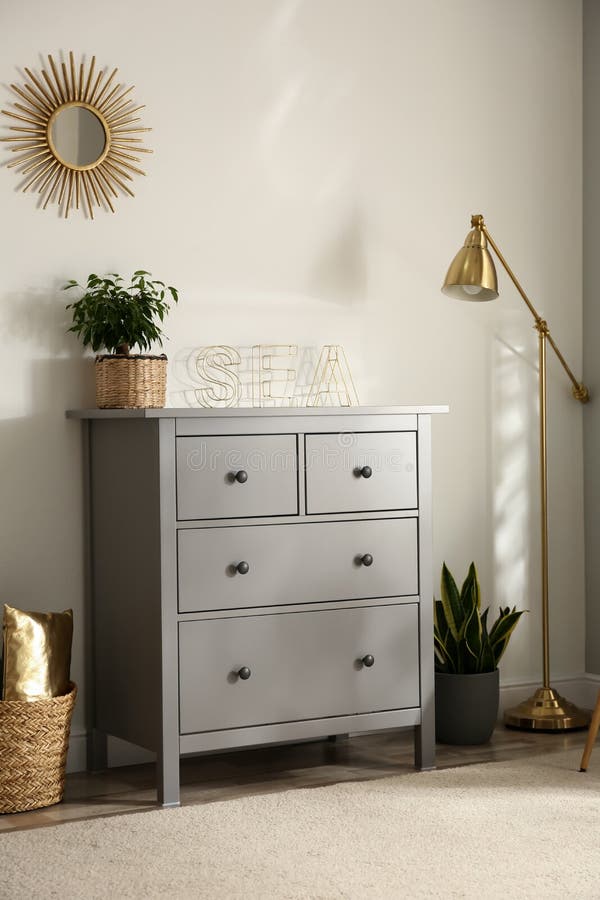 Grey Chest of Drawers in Stylish Room Interior Stock Photo - Image of ...