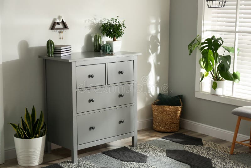 Grey Chest of Drawers in Stylish Room Stock Photo - Image of beautiful ...