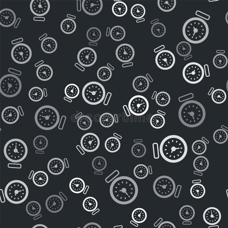Grey Clock Icon Isolated Seamless Pattern on Black Background. Time ...