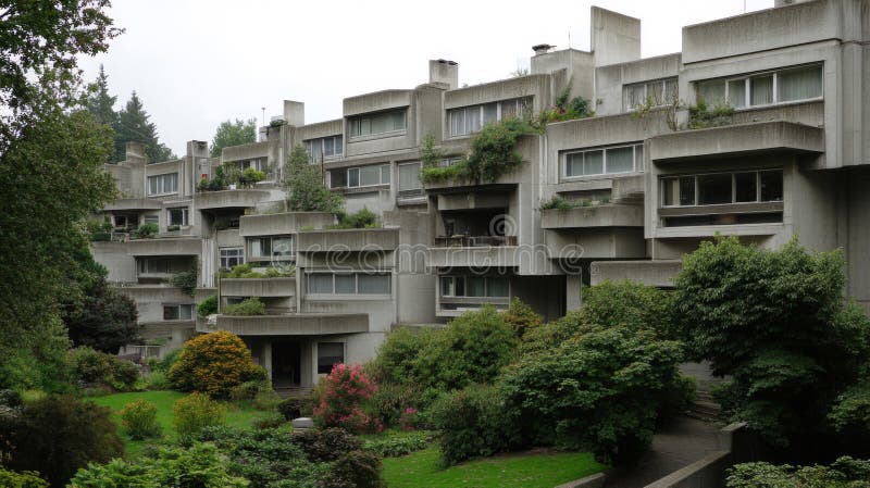 Grey Concrete Apartment Building with Green Landscaping Stock ...