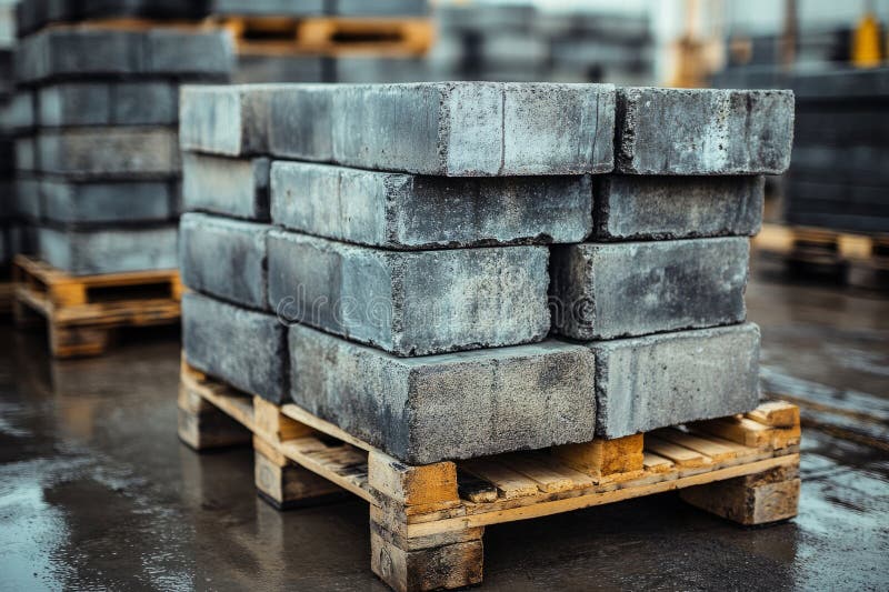 Grey Concrete Bricks Stacked and Placed on Wooden Pallet in Warehouse ...