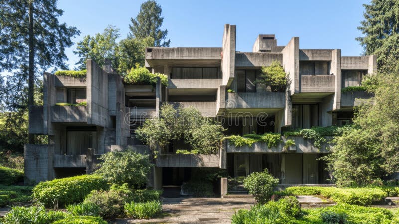 Grey Concrete Brutalist Building with Green Overgrowth Stock ...