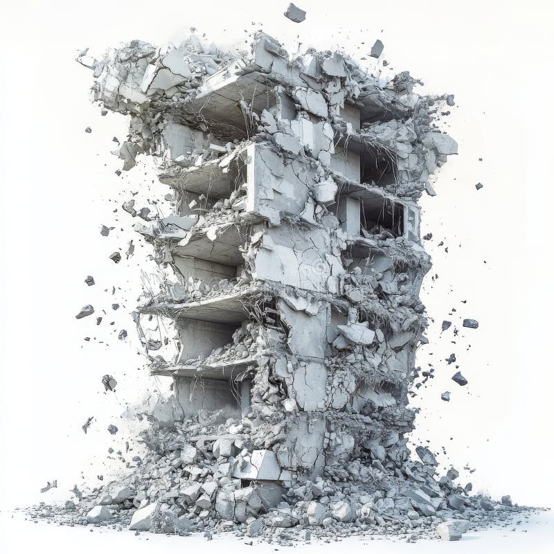 Grey Concrete Building Collapsing into Rubble on White Background Stock ...