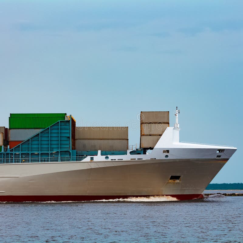 Grey Container Ship Underway Stock Image - Image of nautical, large ...