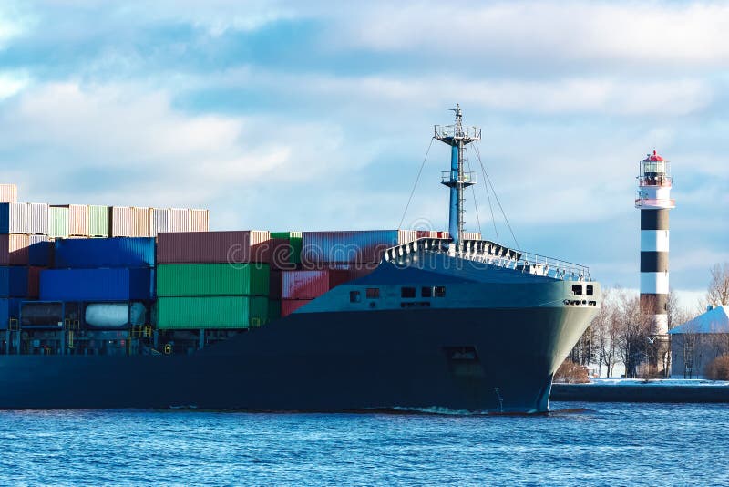 Grey container ship stock photo. Image of nautical, moving - 97446036