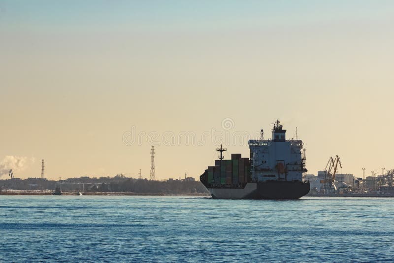 Grey container ship stock image. Image of boat, ocean - 93287655
