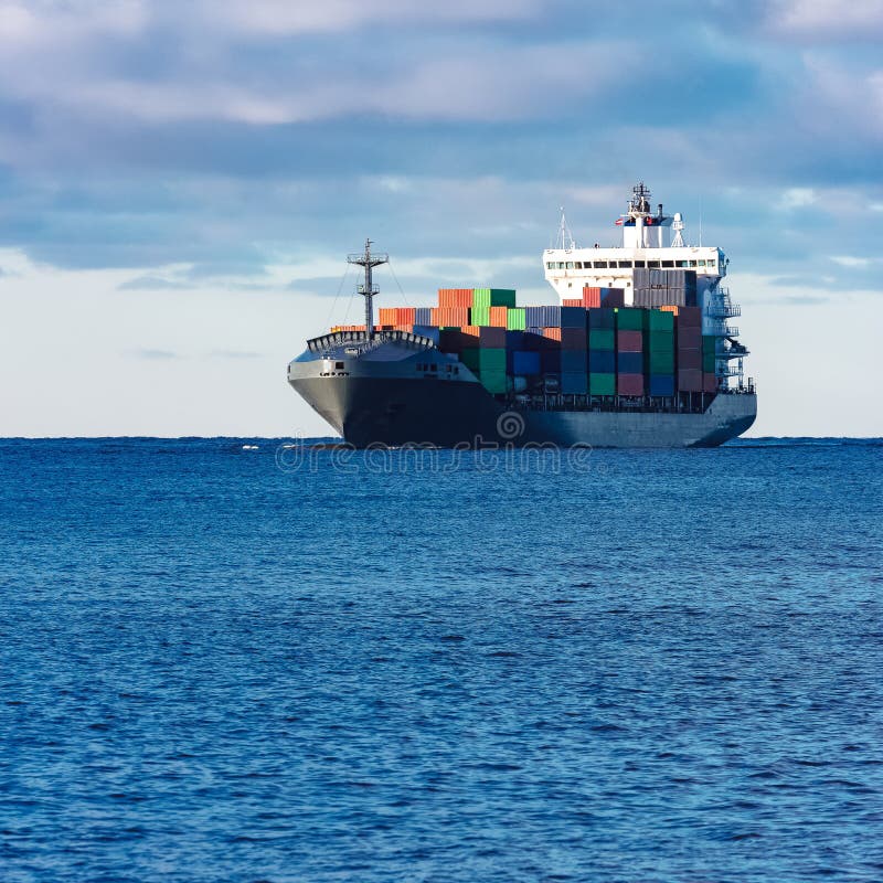 Grey container ship stock photo. Image of container, full - 93289008