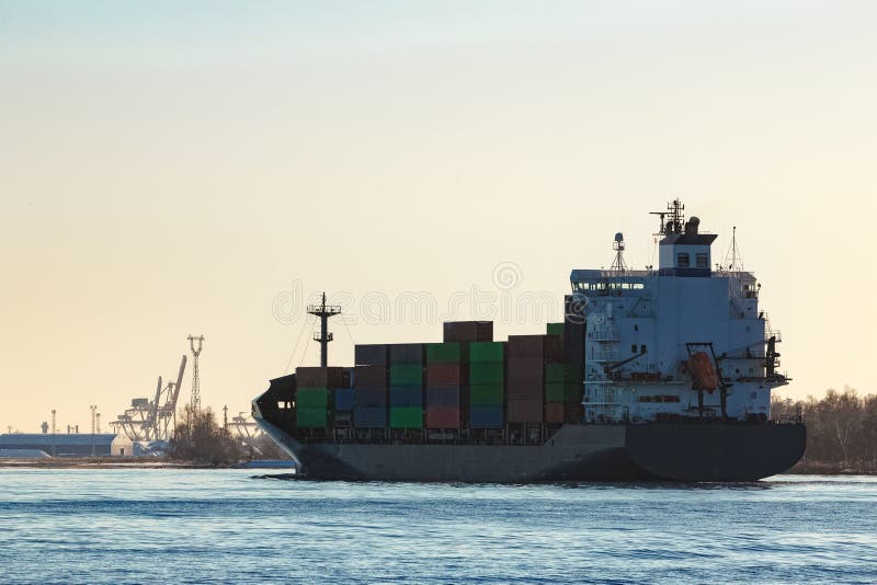 Grey container ship stock photo. Image of commercial - 93289596