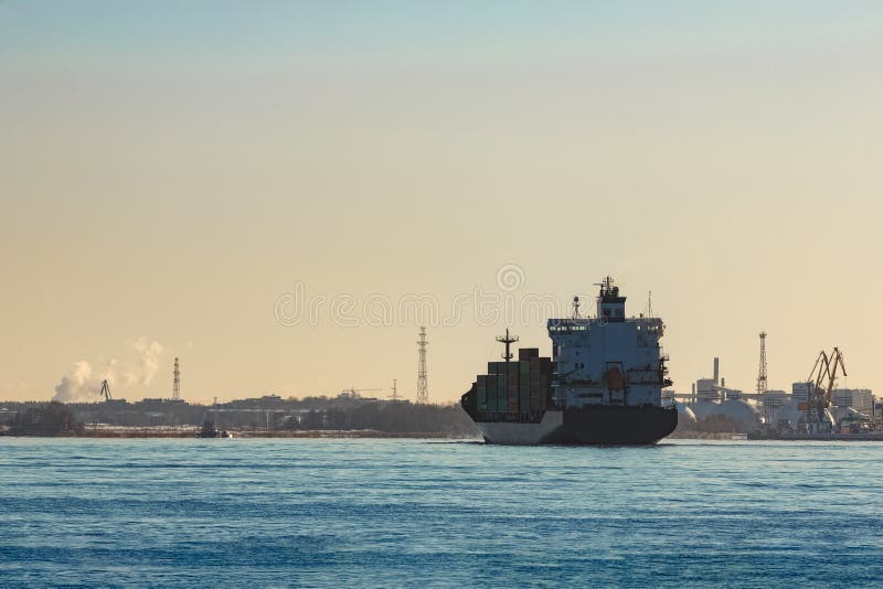 Grey container ship stock photo. Image of vessel, cold - 93290102