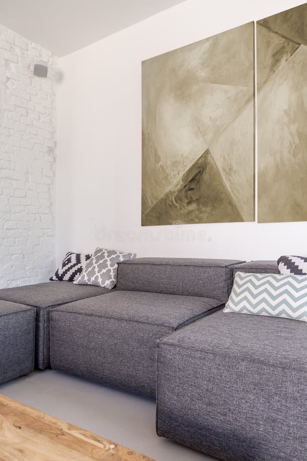 Grey Corner Sofa in Trendy Room Stock Photo - Image of fabric, interior ...