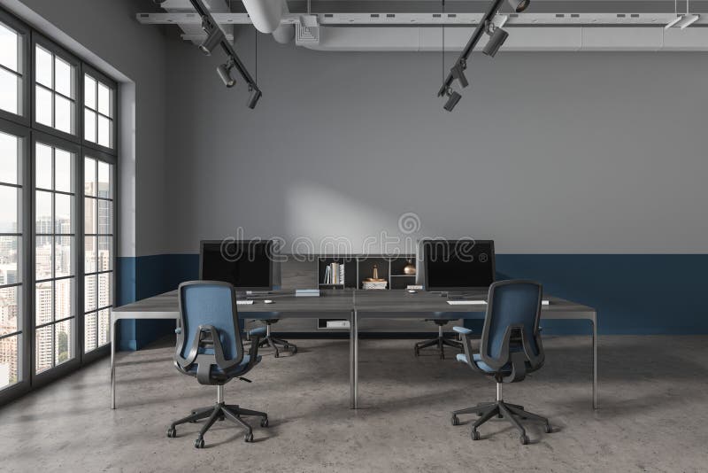 Grey Coworking Interior with Pc Computers and Drawer, Panoramic Window ...