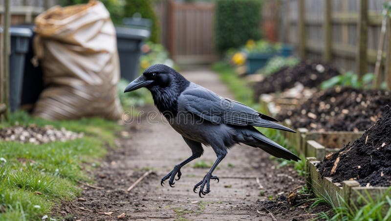 Grey Crow Hopping Along Garden Path Near Open Compost Bag Stock ...