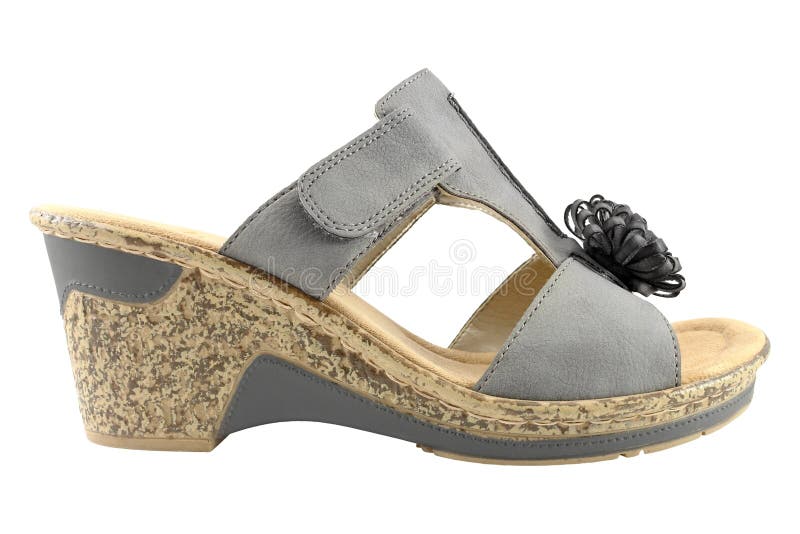 Grey Decorated Leather Lady Wedge-heeled Sandal Stock Image - Image of ...
