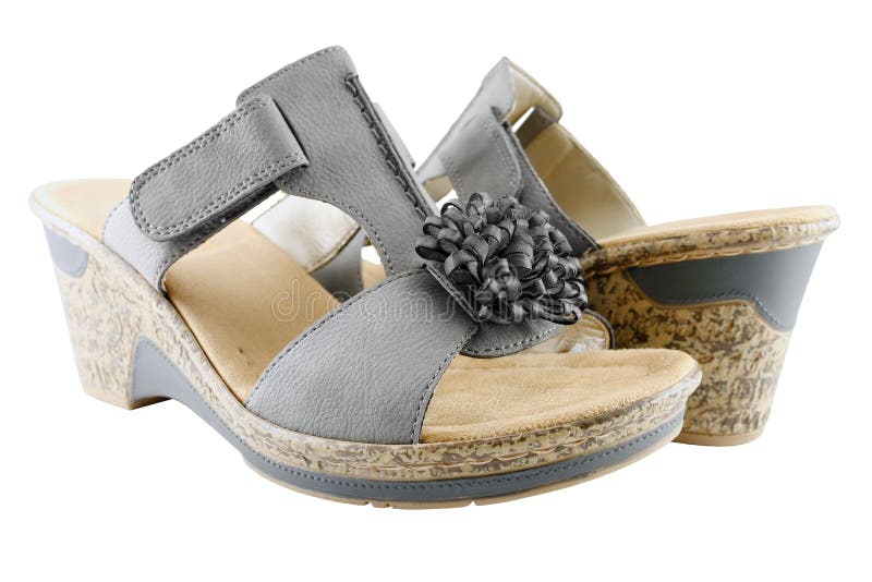 Grey Decorated Leather Lady Wedge-heeled Sandals Stock Image - Image of ...