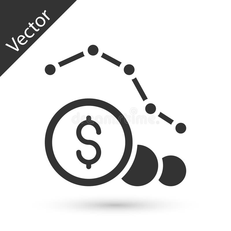 Grey Dollar Rate Decrease Icon Isolated on White Background. Cost Reduction. Money Symbol with ...