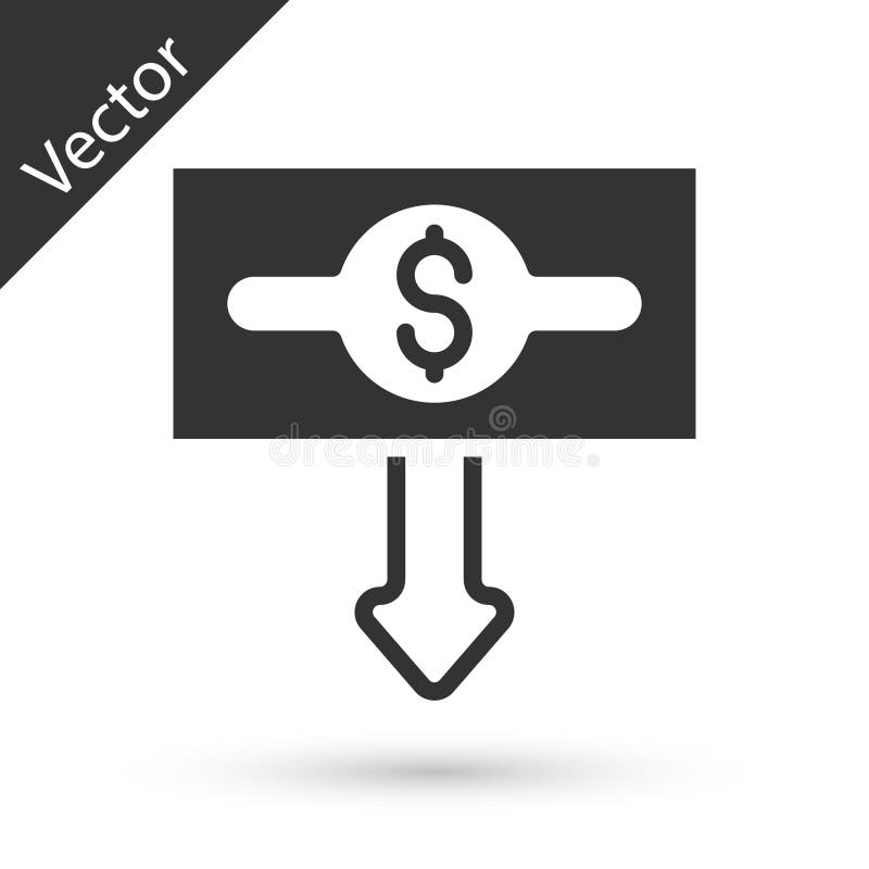 Grey Dollar Rate Decrease Icon Isolated on White Background. Cost Reduction. Money Symbol with ...
