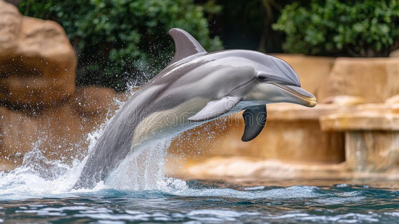 Grey Dolphin Leaping from Water with Splash Stock Illustration ...