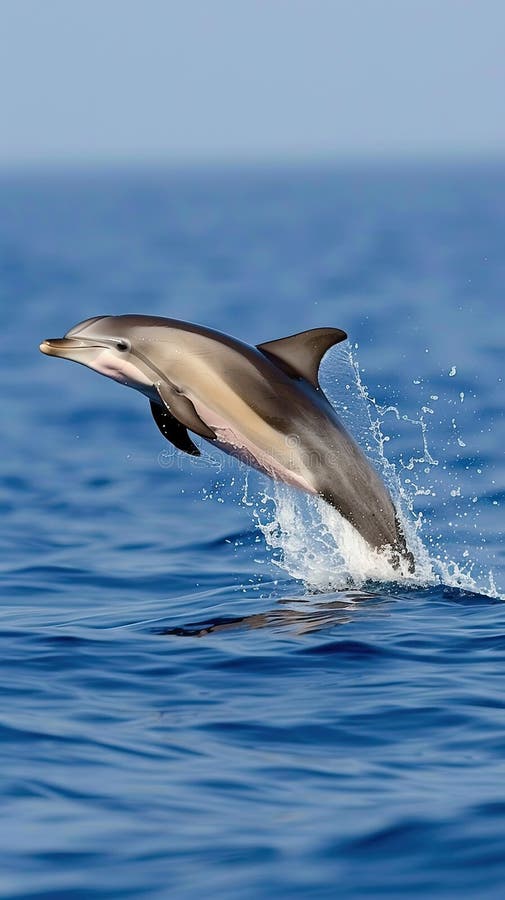 A Grey Dolphin Leaps Out of a Blue Pool, Its Body Arched and Tail ...