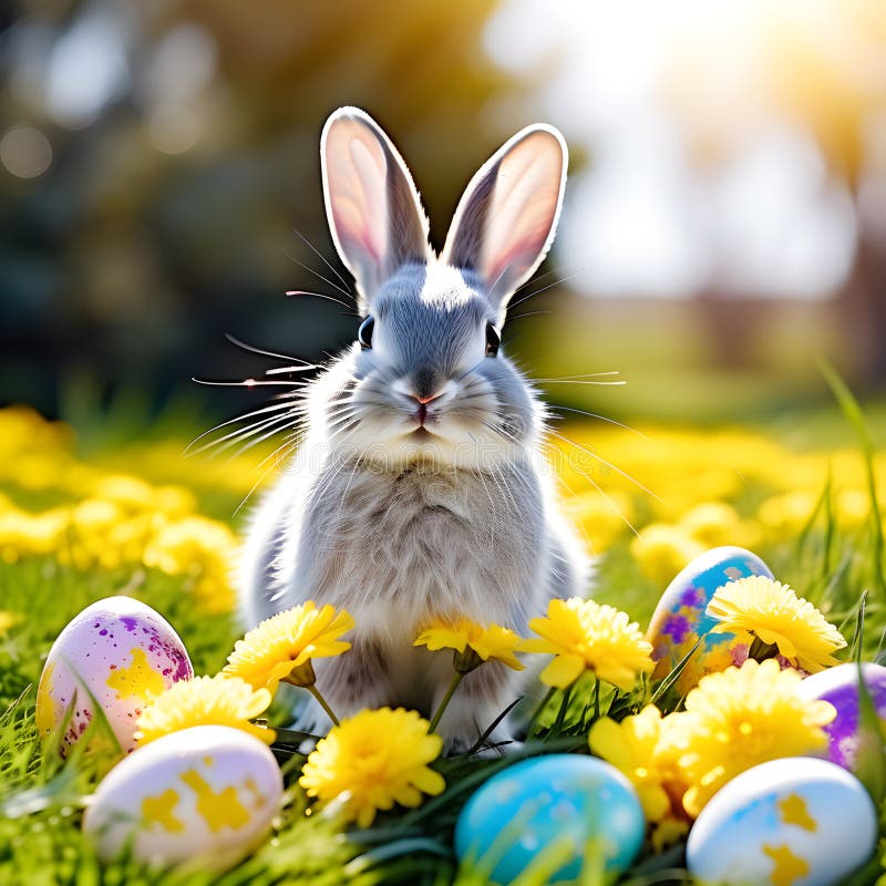 Grey Easter Bunny Lit from Behind and Surrounded by Painted Eggs ...