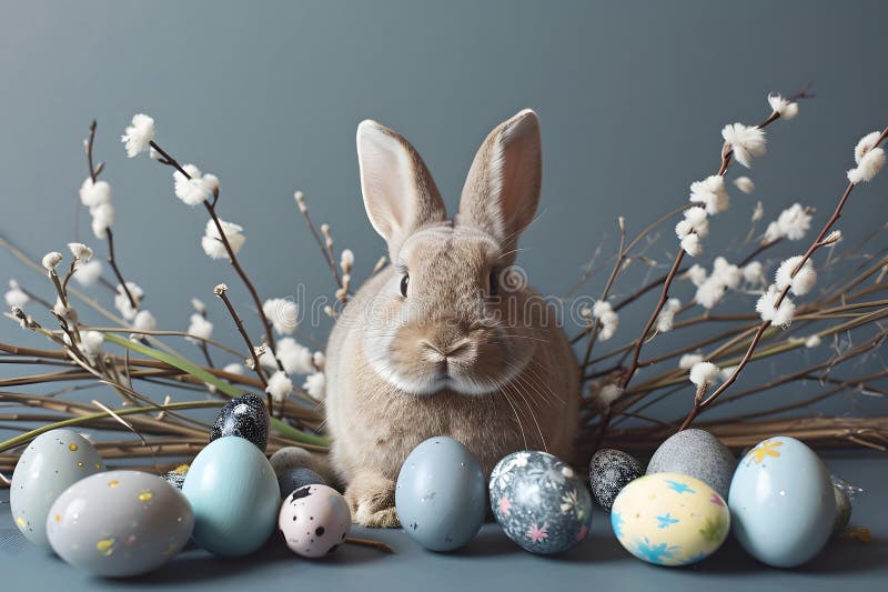 Grey Easter Rabbit with Eggs Stock Photo - Image of minimalist, nature ...