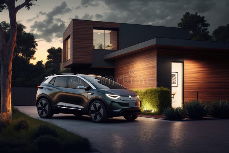 Grey Electric Car Outside of House, Created Using Generative Ai ...