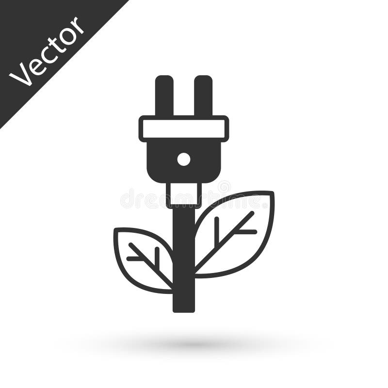 Grey Electric Saving Plug in Leaf Icon Isolated on White Background ...