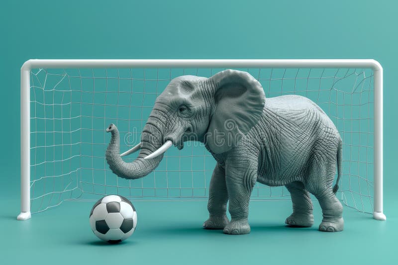 Grey Elephant is Standing in Front of a Soccer Goal with a Soccer Ball ...