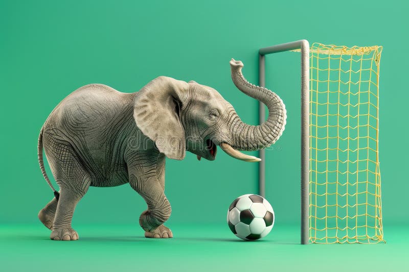Grey Elephant is Standing in Front of a Soccer Goal with a Soccer Ball ...