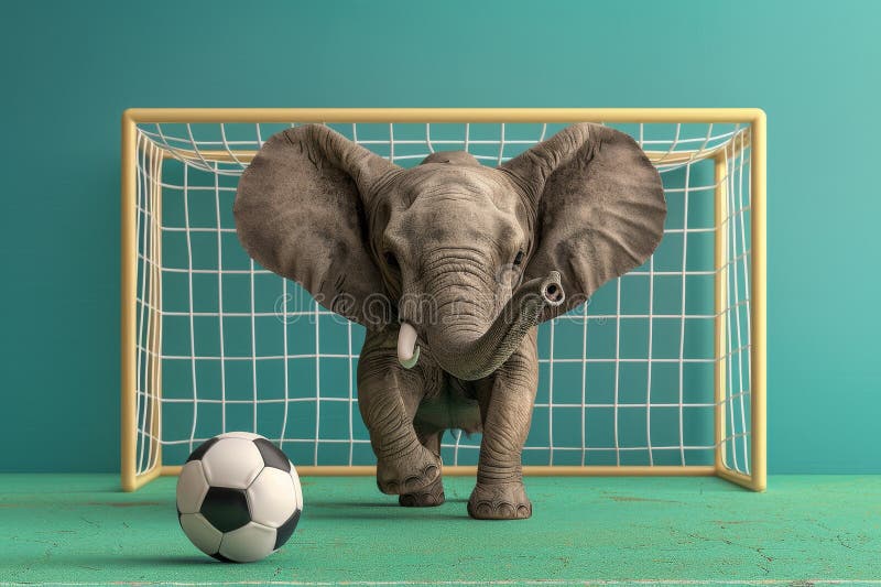 Grey Elephant is Standing in Front of a Soccer Goal with a Soccer Ball ...