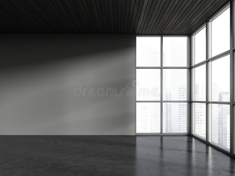 Grey Empty Interior Room in Studio Flat, Panoramic Window on City View ...