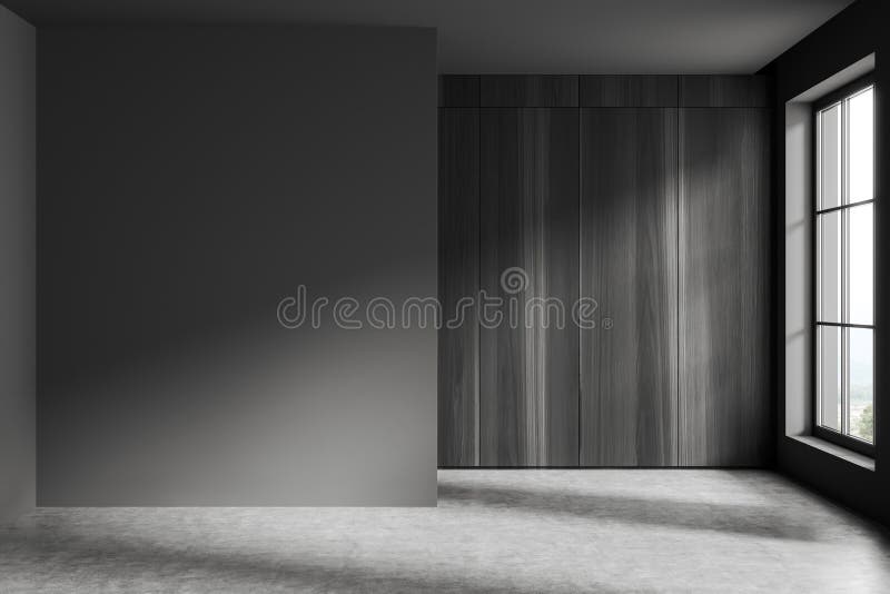 Grey Empty Room Interior and Panoramic Window on Countryside. Mockup ...