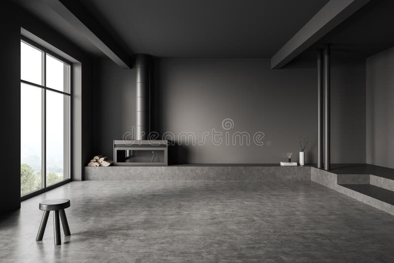Grey Empty Room, Studio Apartment and Fireplace, Window and Stool on ...