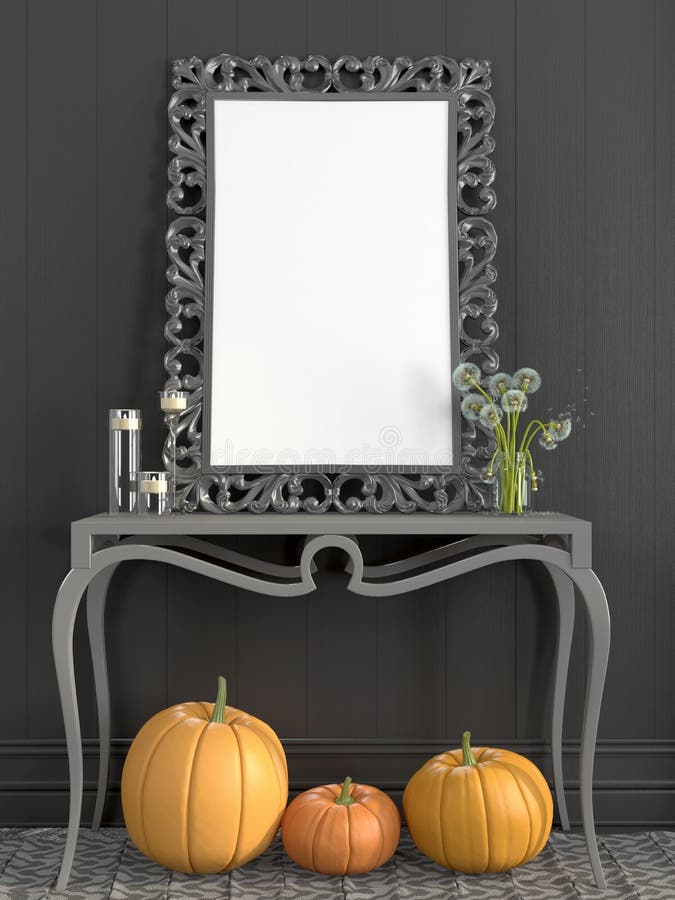 Grey Frame on the Table and Fall Decor of Pumpkins Stock Illustration ...
