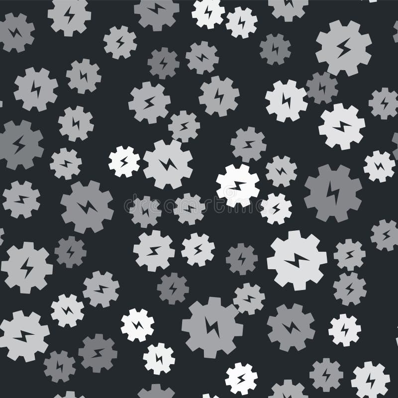Grey Gear and Lightning Icon Isolated Seamless Pattern on Black ...