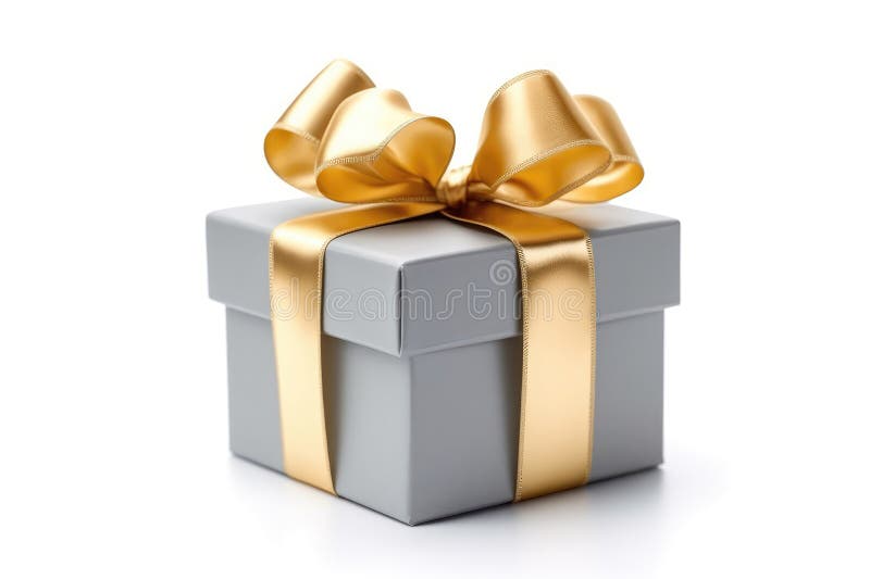 Grey Gift Box with Gold Ribbon on White Background. Generative AI Stock ...