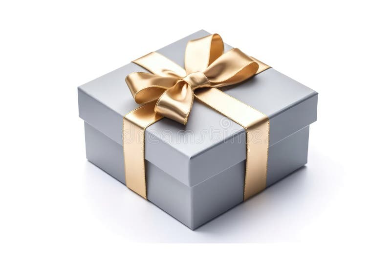 Grey Gift Box with Gold Ribbon on White Background. Generative AI Stock ...