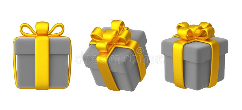 Grey Gift Boxes with Golden Ribbon and Bow Isolated on White. Clipping ...