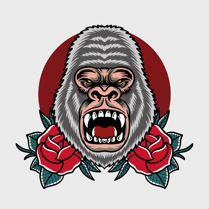 The Grey Gorilla Head Angry Expression with a Roses Illustration Stock ...
