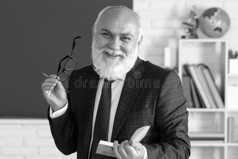 Grey Hair Funny Happy Smiling Professor in Empty Lecture Classroom ...