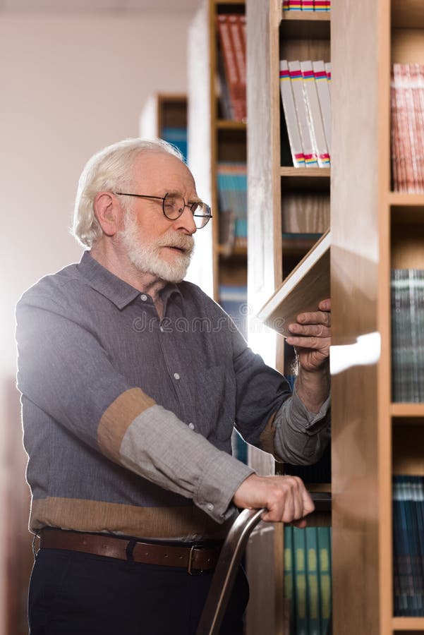 Grey Hair Librarian Looking at Book Stock Image - Image of librarian ...